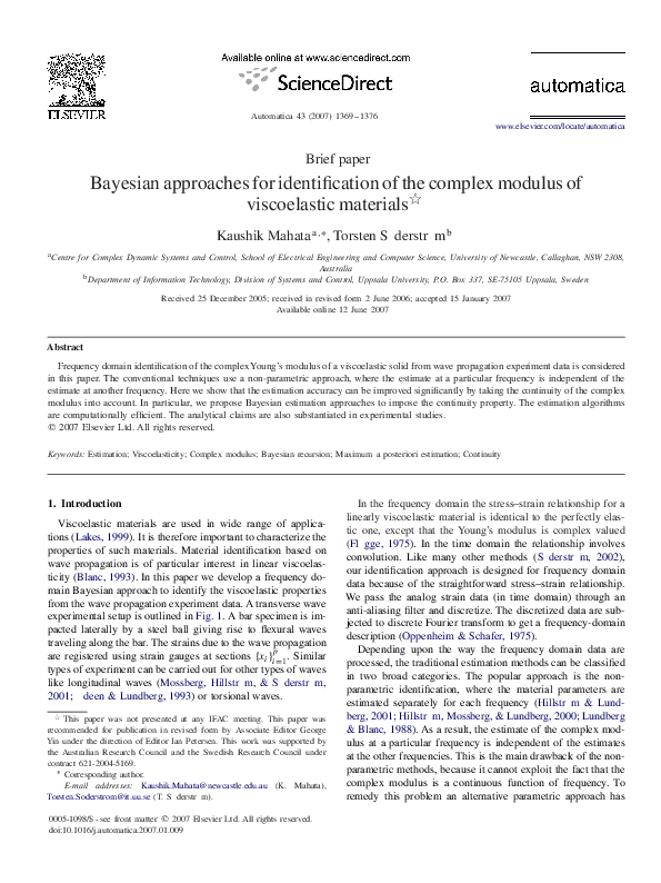 (PDF) Bayesian approaches for identification of the complex modulus of viscoelastic materials