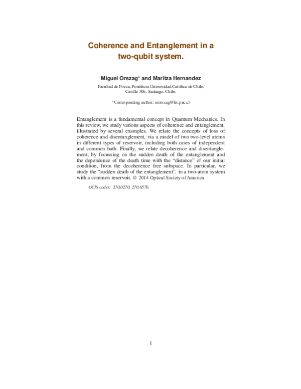 (PDF) Coherence and entanglement in a two-qubit system