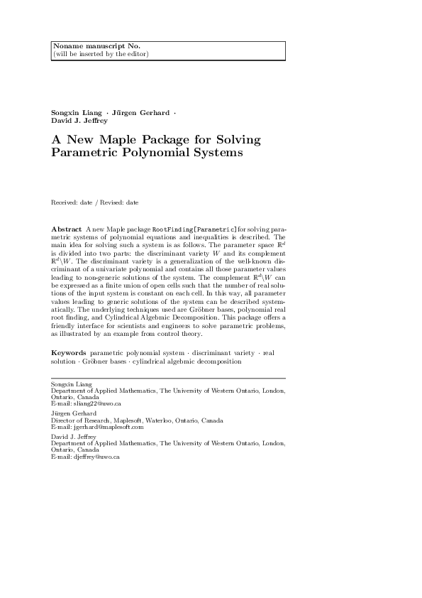 (PDF) A new maple package for solving parametric polynomial systems