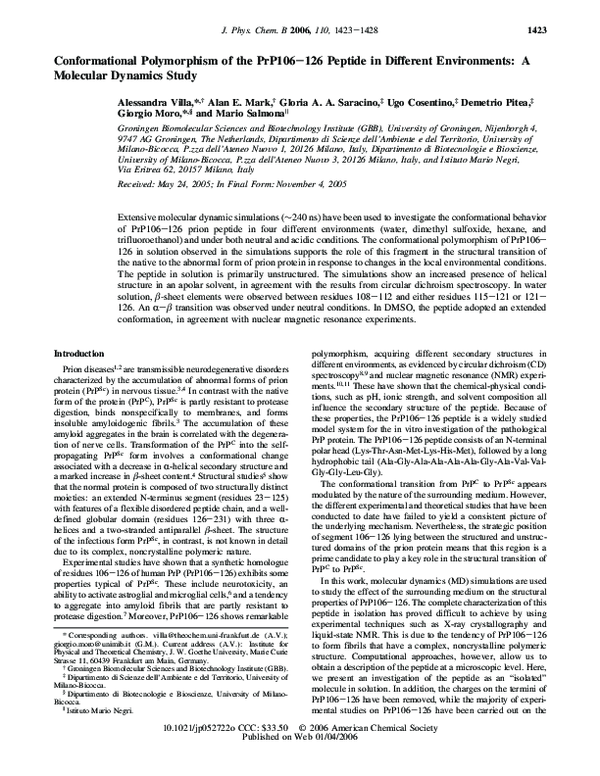 (PDF) Conformational Polymorphism of the PrP106−126 Peptide in Different Environments: A ...