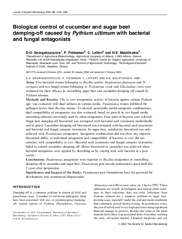 (PDF) Biological control of cucumber and sugar beet damping-off caused by Pythium ultimum with ...