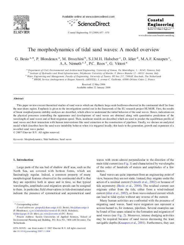 (PDF) The morphodynamics of tidal sand waves: A model overview