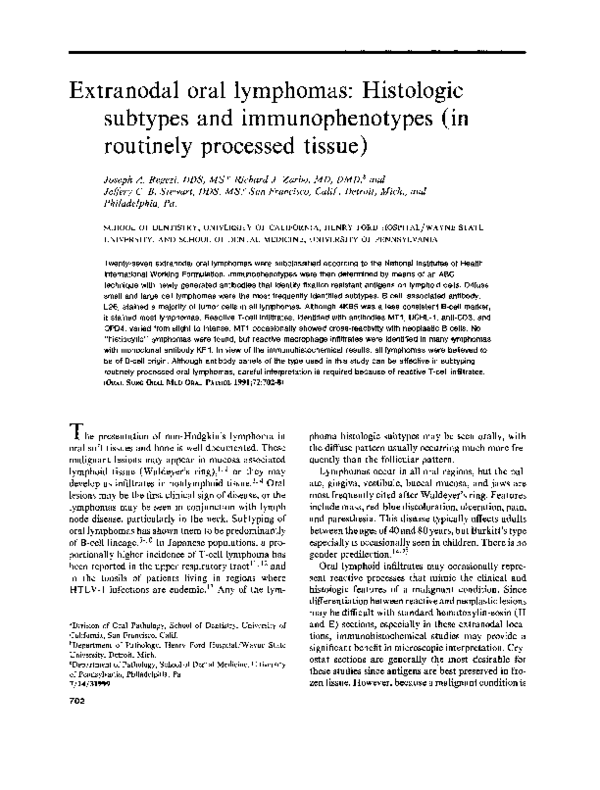 (PDF) Extranodal oral lymphomas: histologic subtypes and ...