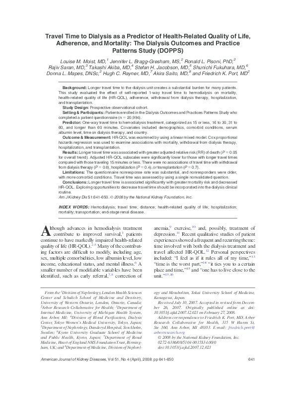 (PDF) Travel Time to Dialysis as a Predictor of Health-Related Quality ...