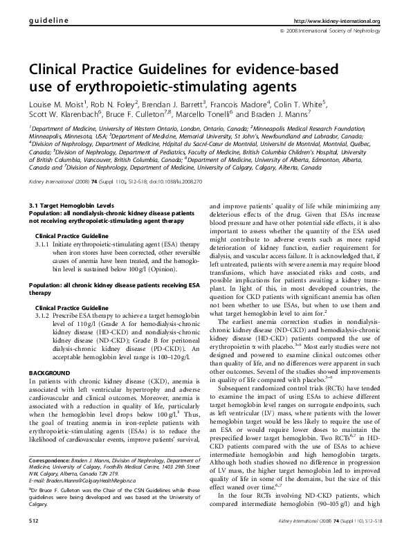 (PDF) Clinical Practice Guidelines for evidence-based use of erythropoietic-stimulating agents