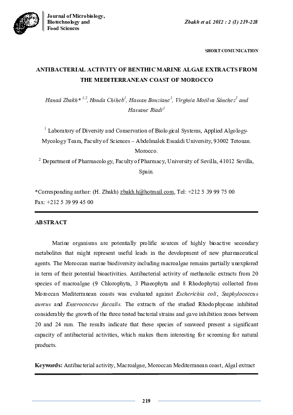 (PDF) ANTIBACTERIAL ACTIVITY OF BENTHIC MARINE ALGAE EXTRACTS FROM THE ...