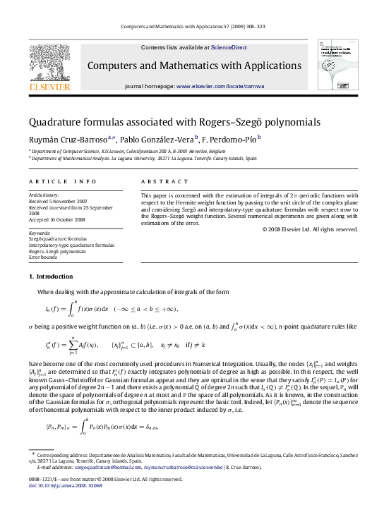 (PDF) Quadrature formulas associated with Rogers–Szegő polynomials