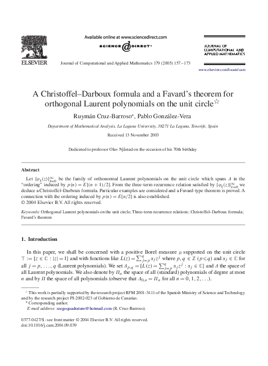 (PDF) A Christoffel–Darboux formula and a Favard's theorem for orthogonal Laurent polynomials on ...