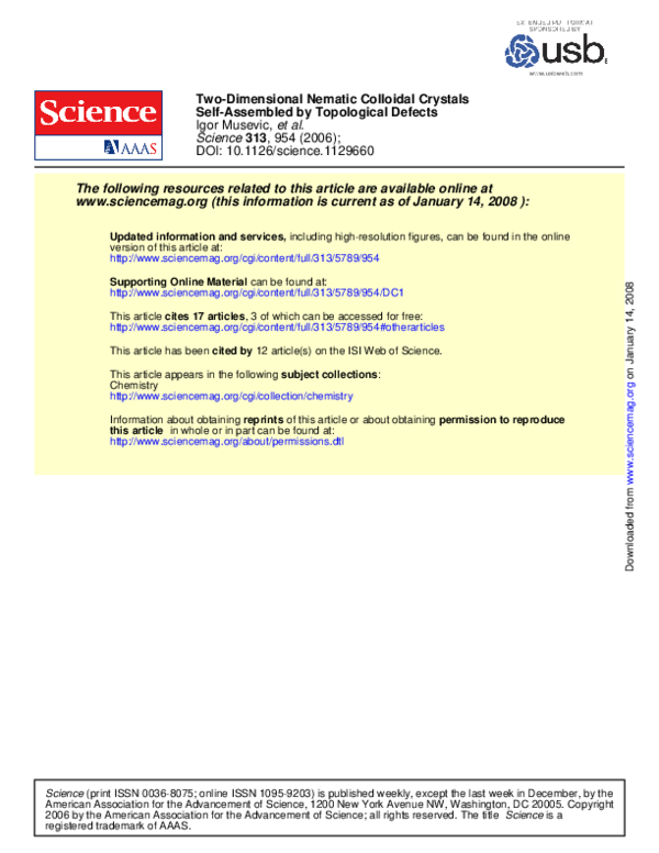 (PDF) Two-Dimensional Nematic Colloidal Crystals Self-Assembled by Topological Defects