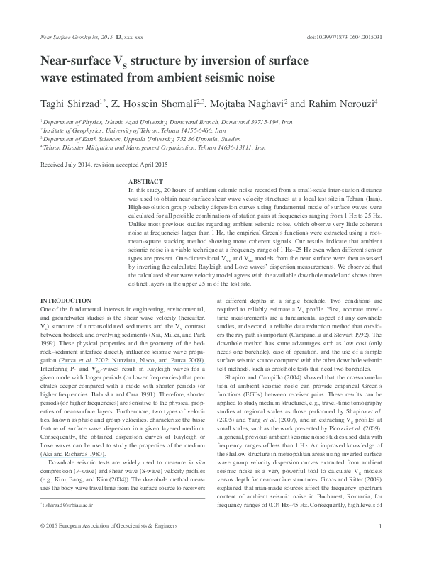 (PDF) Near-surface Vs structure by inversion of surface wave estimated ...