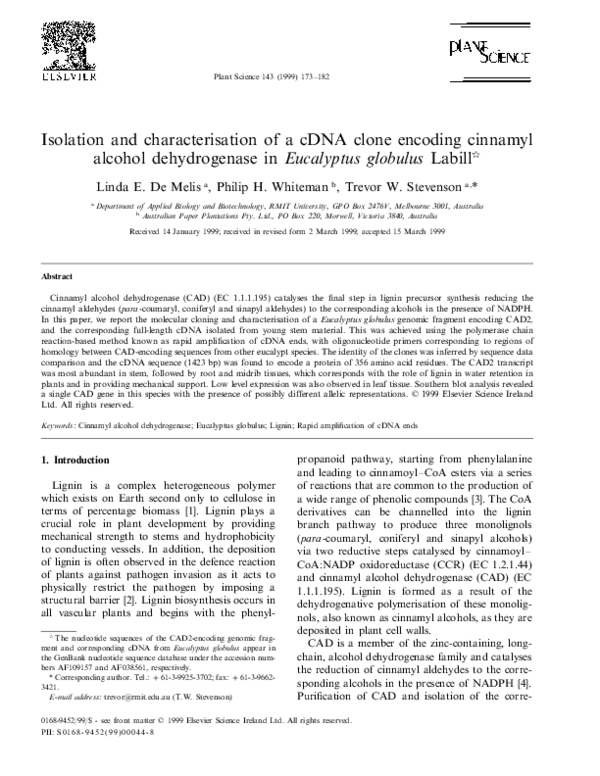 (PDF) Isolation and characterisation of a cDNA clone encoding cinnamyl alcohol dehydrogenase in ...