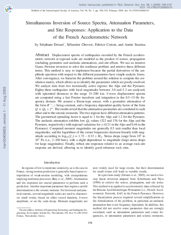 Pdf Simultaneous Inversion Of Source Spectra Attenuation Parameters