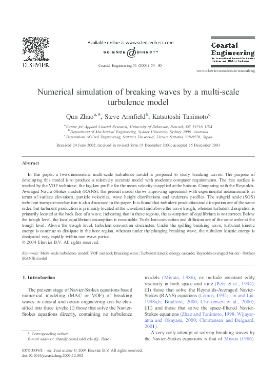(PDF) Numerical simulation of breaking waves by a multi-scale turbulence model | Steve Armfield ...