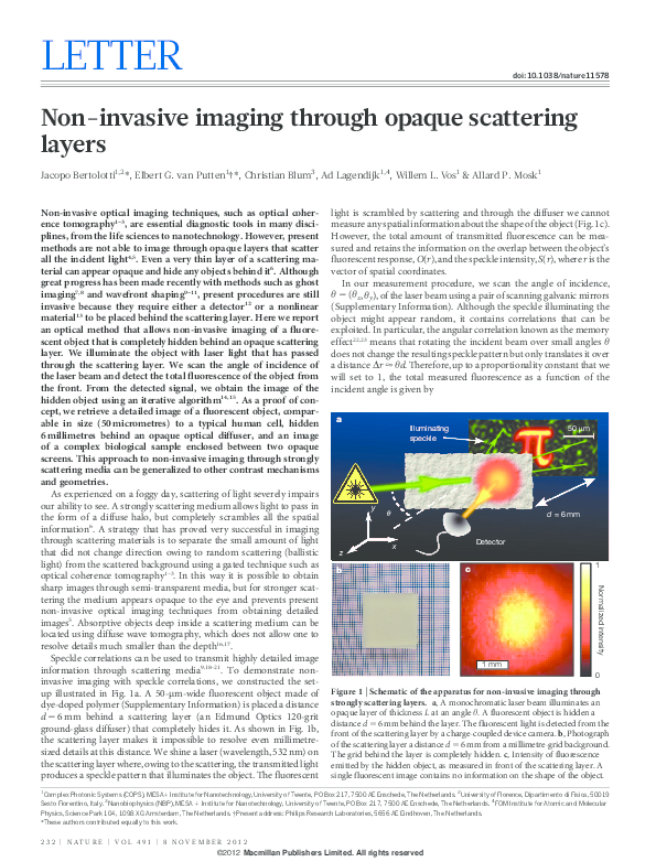 (PDF) Non-invasive imaging through opaque scattering layers