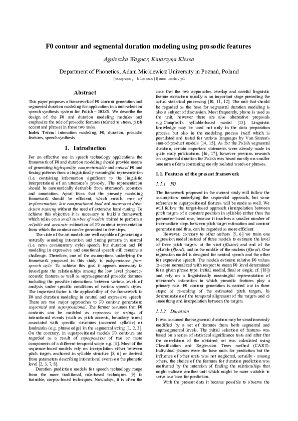 Pdf F0 Contour And Segmental Duration Modeling Using Prosodic Features