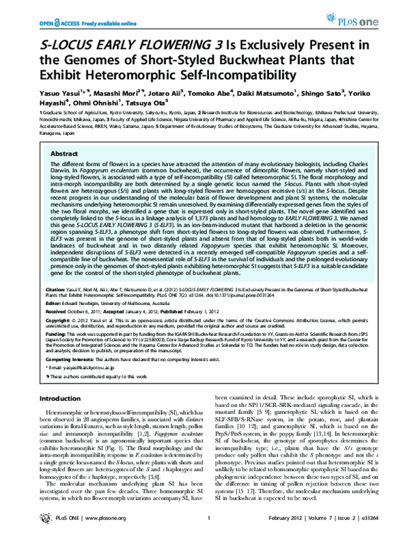 (PDF) S-LOCUS EARLY FLOWERING 3 Is Exclusively Present in the Genomes ...