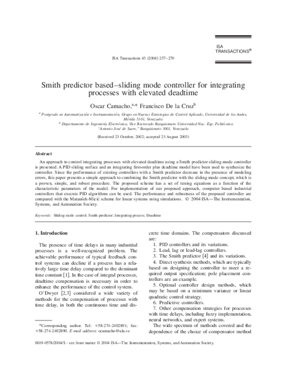 (PDF) Smith predictor based–sliding mode controller for integrating processes with elevated deadtime