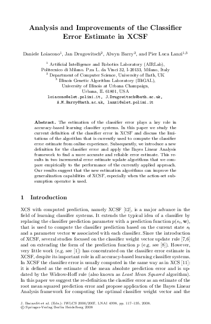 (PDF) Analysis and Improvements of the Classifier Error Estimate in XCSF