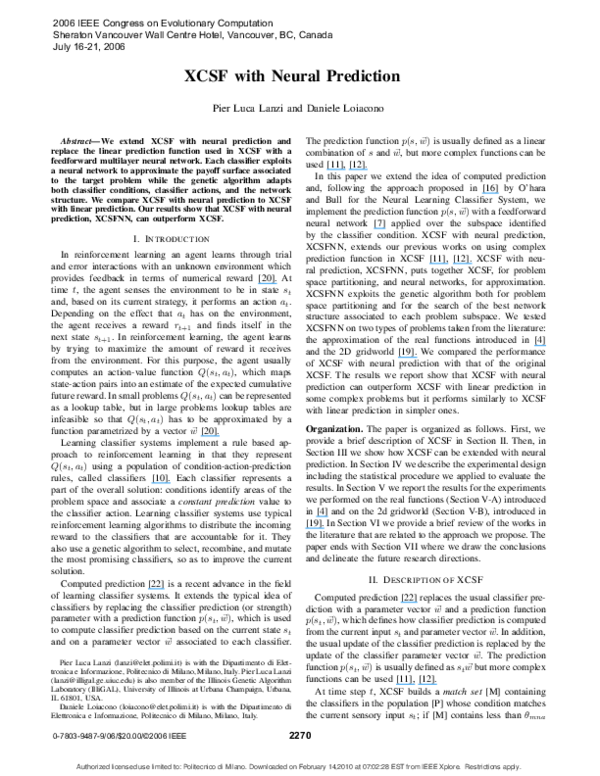 (PDF) XCSF with Neural Prediction
