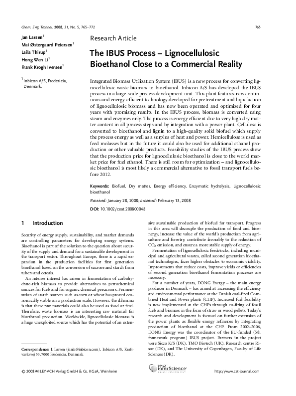 (PDF) The IBUS Process – Lignocellulosic Bioethanol Close to a ...
