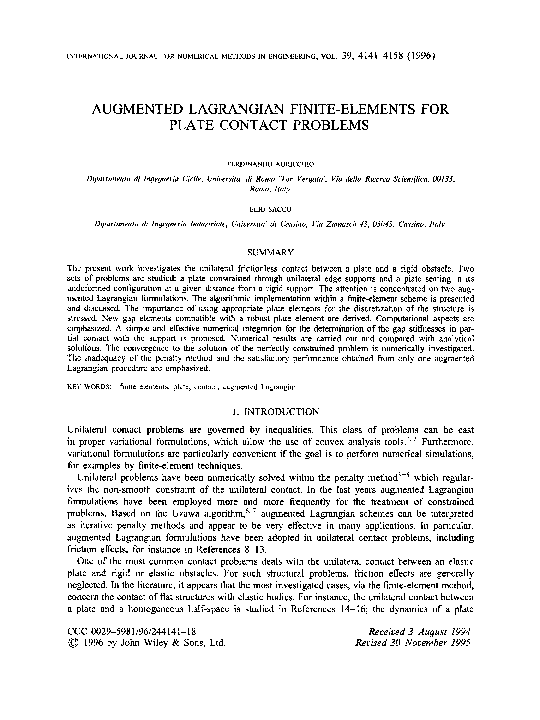 (PDF) AUGMENTED LAGRANGIAN FINITE-ELEMENTS FOR PLATE CONTACT PROBLEMS