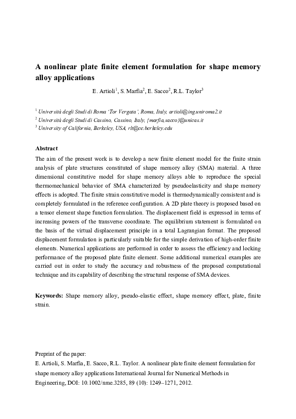 (PDF) A nonlinear plate finite element formulation for shape memory alloy applications