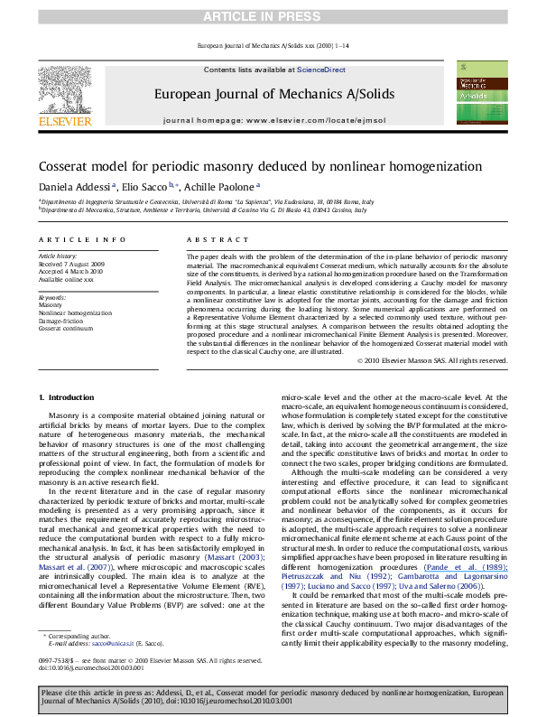 (PDF) Cosserat model for periodic masonry deduced by nonlinear ...