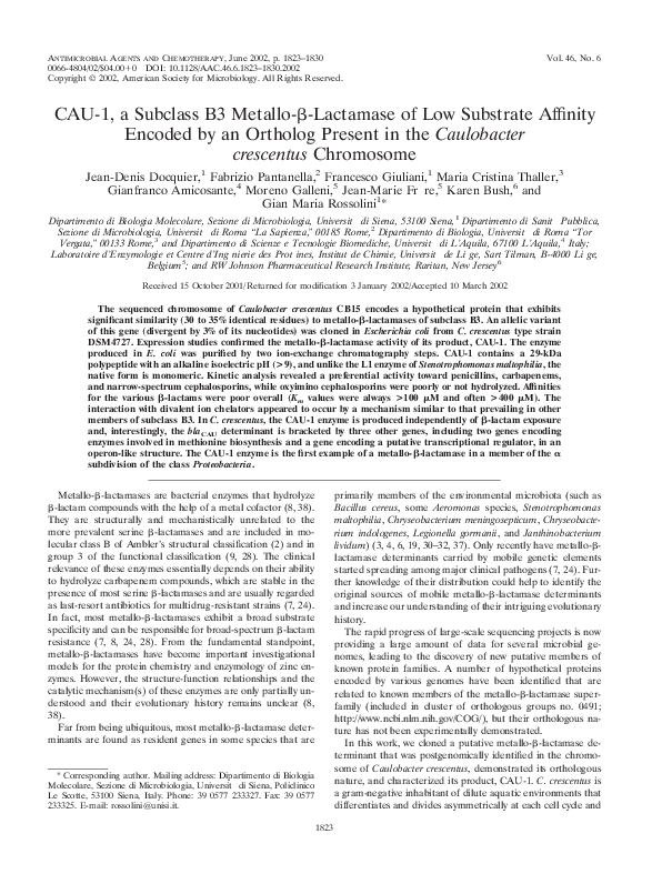 (PDF) CAU-1, a Subclass B3 Metallo- -Lactamase of Low Substrate ...