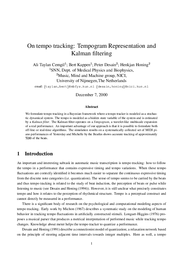(PDF) On tempo tracking: Tempogram Representation and Kalman filtering
