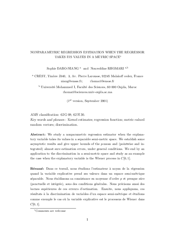 Pdf Nonparametric Regression Estimation When The Regressor Takes Its Values In A Metric Space
