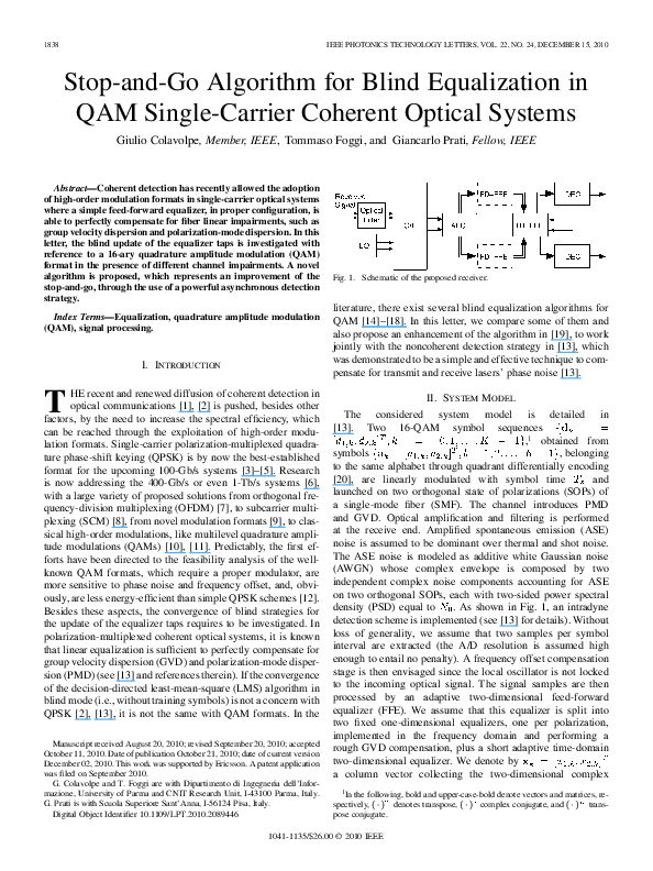 (PDF) Stop-and-Go Algorithm for Blind Equalization in QAM Single-Carrier Coherent Optical Systems
