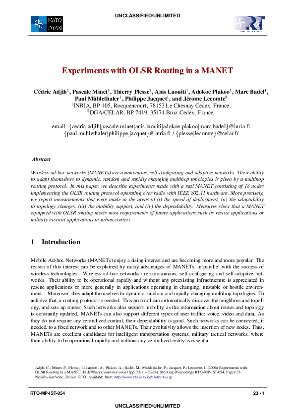 Pdf Experiments With Olsr Routing In A Manet