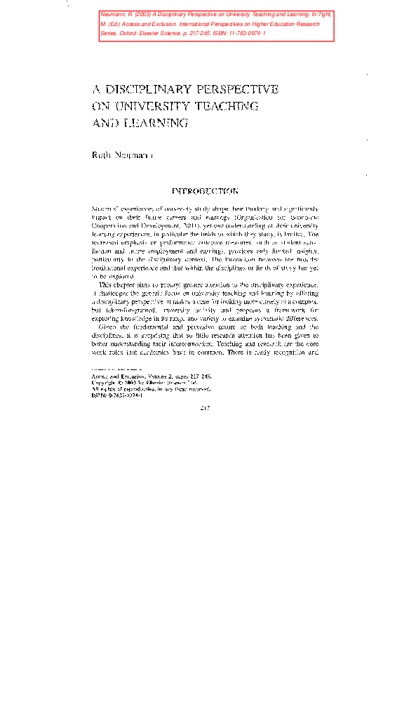 (PDF) A disciplinary perspective on university teaching and learning