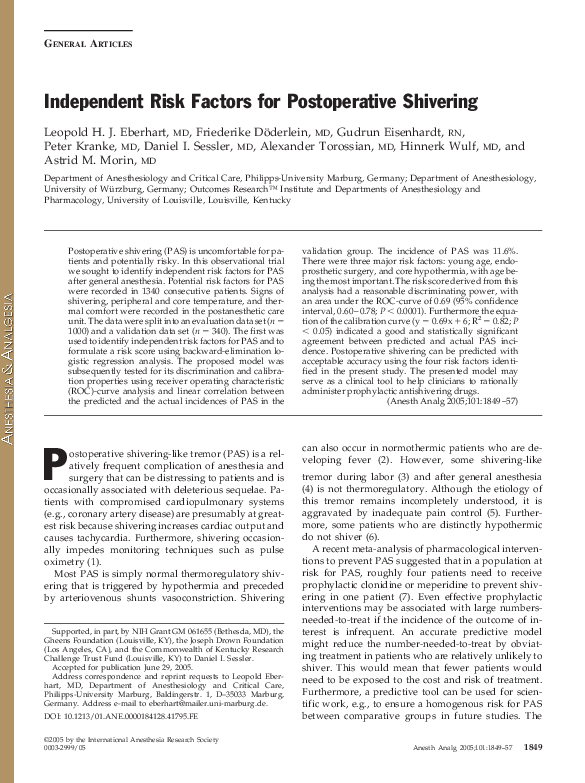 (PDF) Independent Risk Factors for Postoperative Shivering
