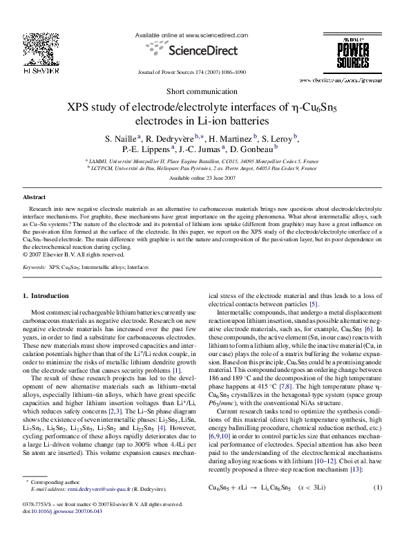 (PDF) XPS study of electrode/electrolyte interfaces of η-Cu6Sn5 electrodes in Li-ion batteries