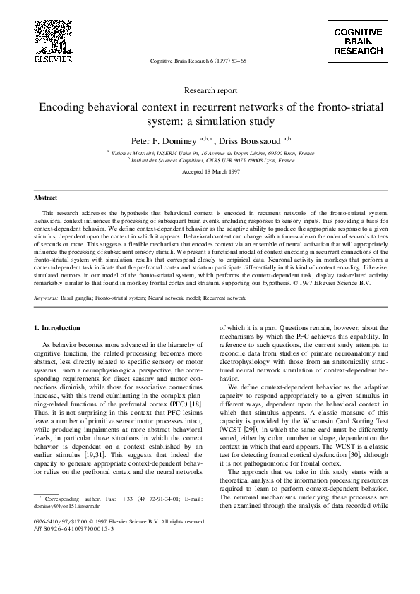 (PDF) Encoding behavioral context in recurrent networks of the fronto-striatal system: a ...