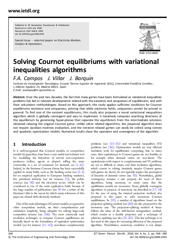 (PDF) Solving Cournot equilibriums with variational inequalities algorithms