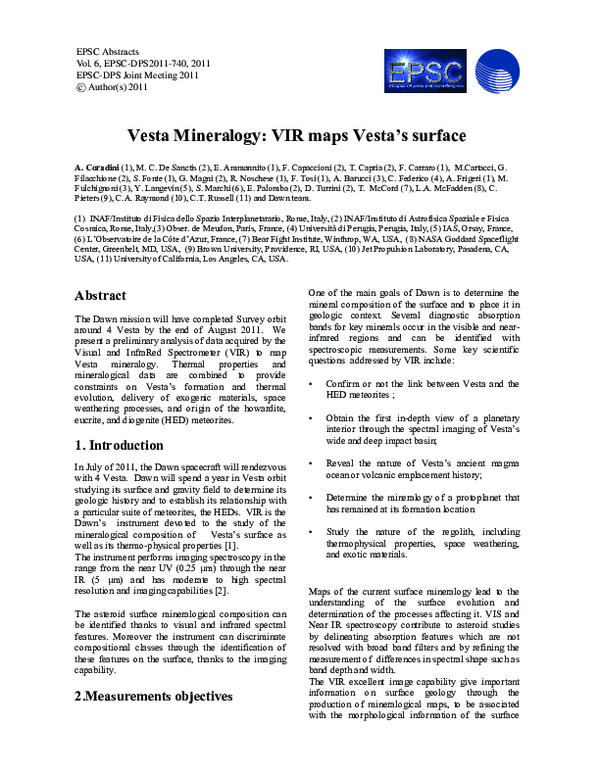 (PDF) Vesta Mineralogy: VIR maps Vesta’s surface