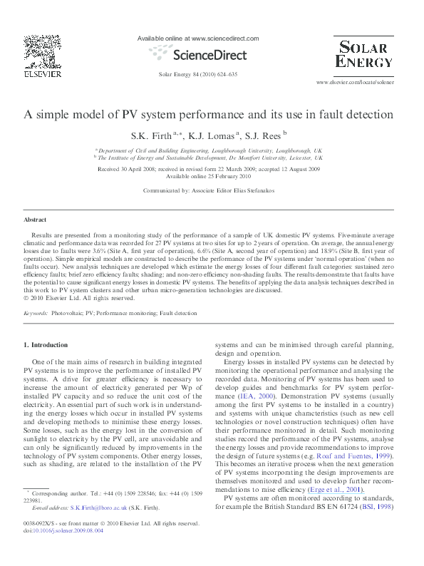 Pdf A Simple Model Of Pv System Performance And Its Use In Fault