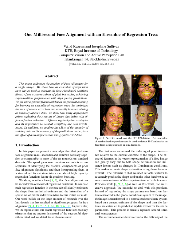 (PDF) One Millisecond Face Alignment with an Ensemble of Regression ...