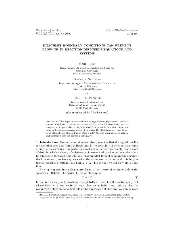 Pdf Dirichlet Boundary Conditions Can Prevent Blow Up In Reaction Diffusion Equations And Systems
