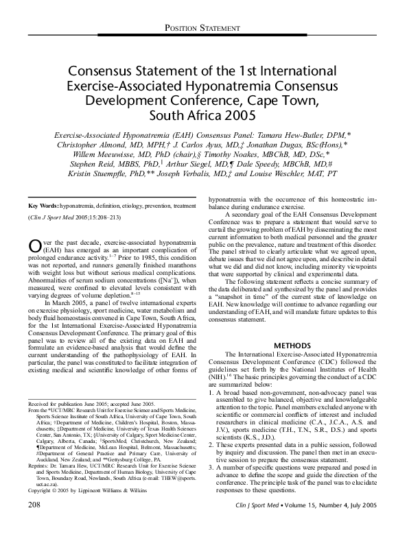 (PDF) Consensus Statement of the 1st International Exercise-Associated Hyponatremia Consensus ...