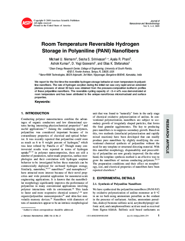 (PDF) Room Temperature Reversible Hydrogen Storage in Polyaniline (PANI) Nanofibers