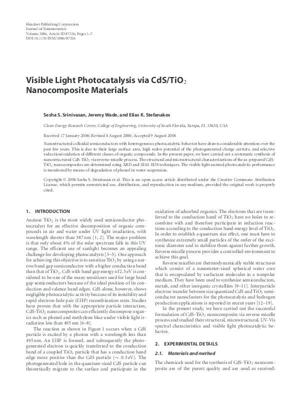 (PDF) Visible Light Photocatalysis via CdS/TiO2 Nanocomposite Materials
