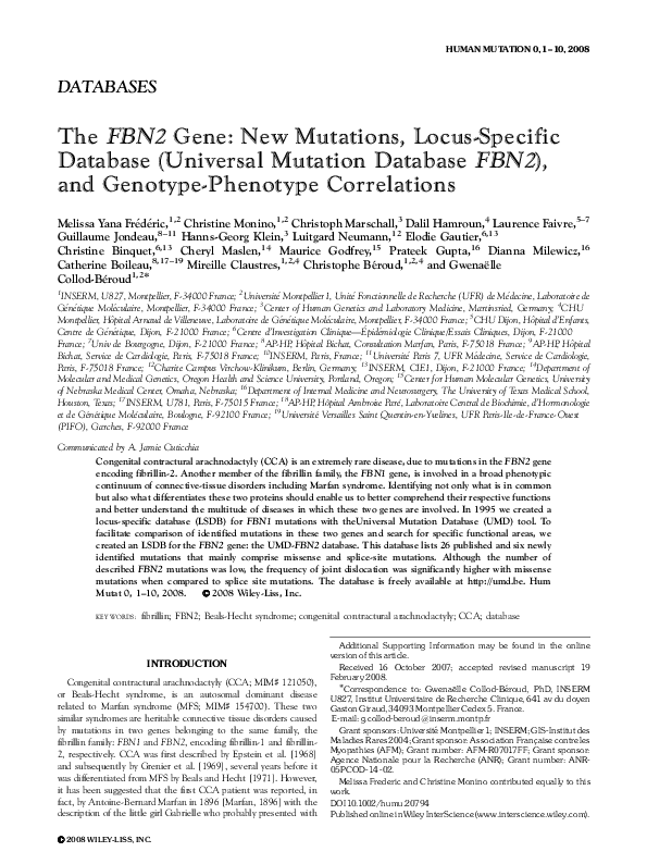 (PDF) The FBN2 gene: new mutations, locus-specific database (Universal ...