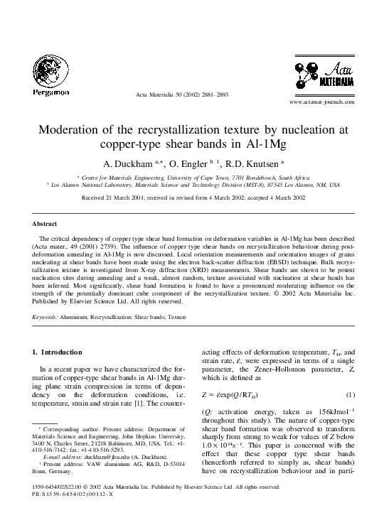Pdf Moderation Of The Recrystallization Texture By Nucleation At Copper Type Shear Bands In Al 1mg