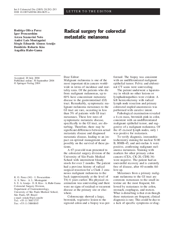 (PDF) Radical surgery for colorectal metastatic melanoma