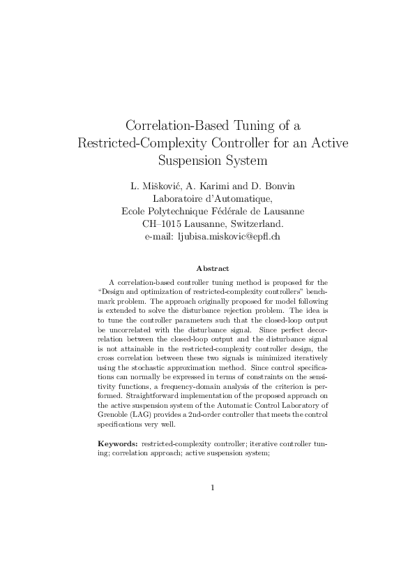 Pdf Correlation Based Tuning Of A Restricted Complexity Controller For An Active Suspension