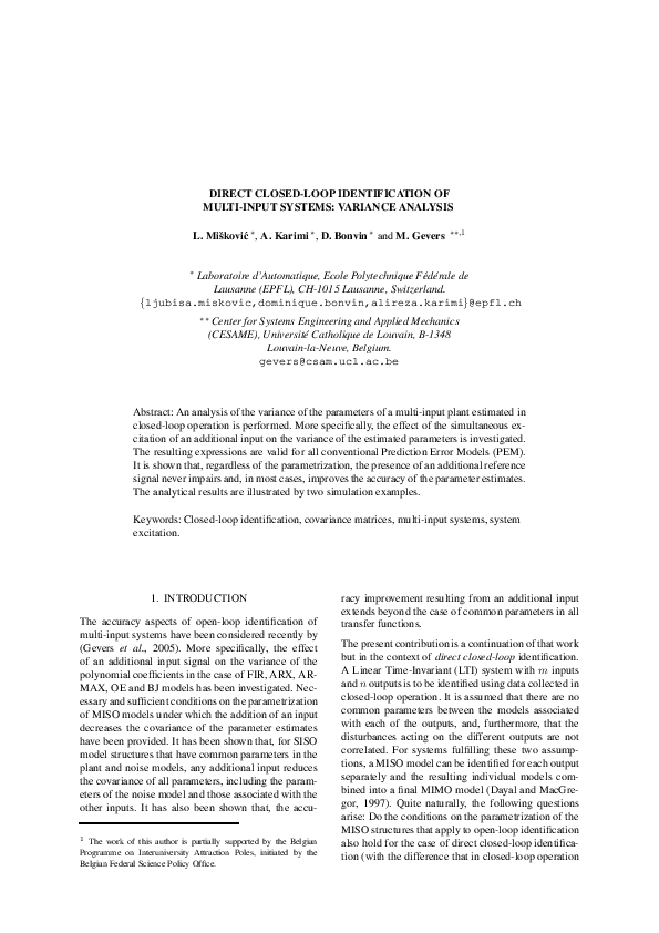 Pdf Direct Closed Loop Identification Of Multi Input Systems Variance Analysis