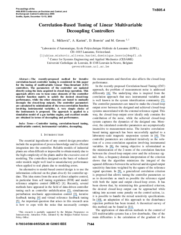 Pdf Correlation Based Tuning Of Linear Multivariable Decoupling Controllers